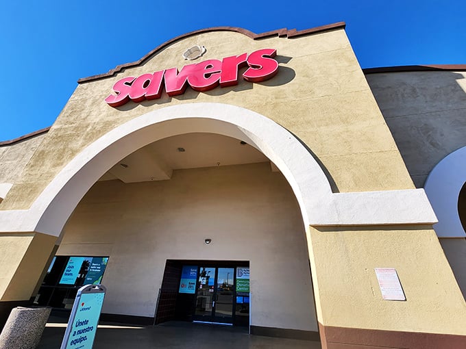 The arched entrance of this Savers beckons like a portal to an alternate dimension where everything costs less.