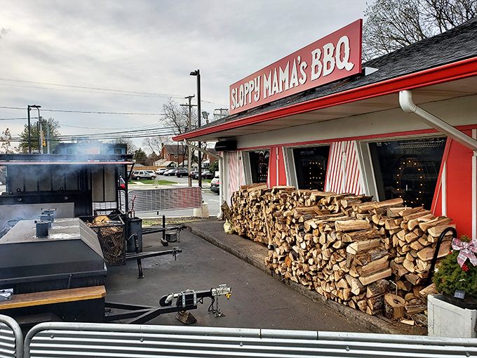 Stacked firewood and candy-striped awnings &ndash; Sloppy Mama's wears its barbecue heart proudly on its sleeve.
