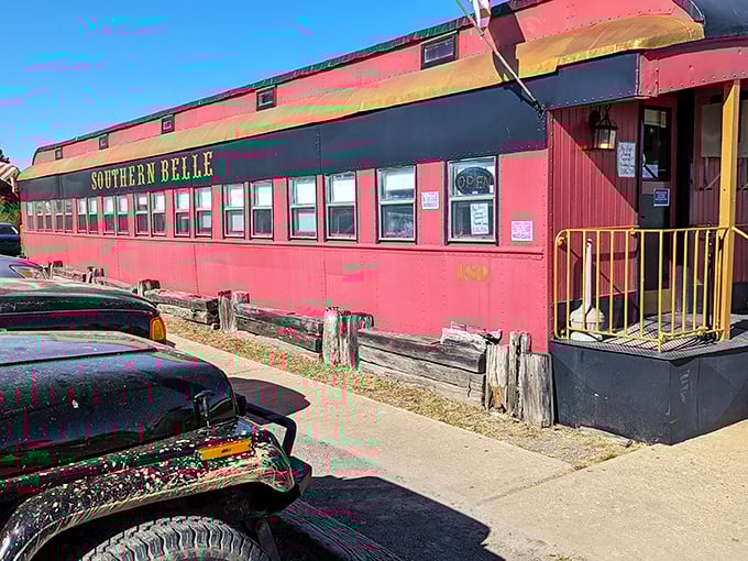 Southern Belle Restaurant: The Southern Belle's vibrant red exterior promises a journey through comfort food classics. No ticket required!