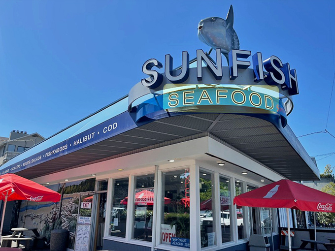 That giant fish on the roof isn't just decoration – it's a beacon guiding you to seafood salvation on Alki Beach.