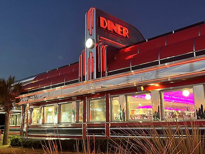 Neon dreams and chrome gleams&mdash;Sunliner Diner after dark looks like a movie set where breakfast and nostalgia collide beautifully.