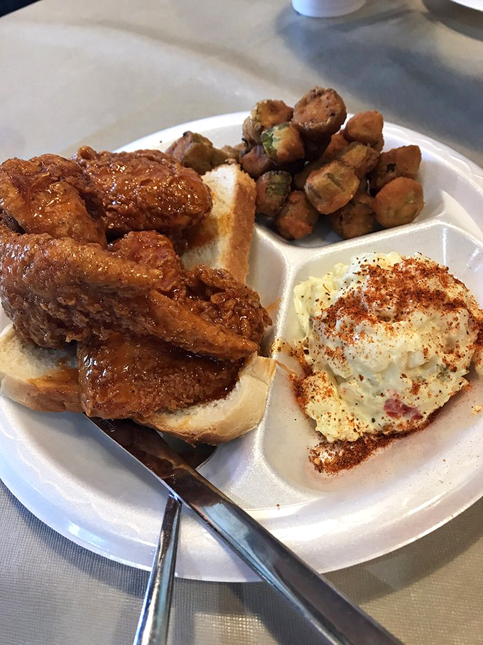 Buffalo wings that make you question every other wing you've eaten. Served with fried okra and potato salad&mdash;a holy trinity of Southern indulgence.