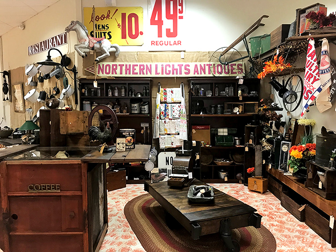 Northern Lights Antiques booth feels like raiding your coolest grandpa's workshop. That vintage typewriter has probably written more interesting stories than most modern novels.