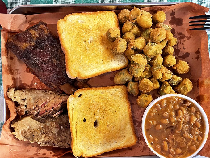 Brisket with that perfect smoke ring, golden toast, and those crispy okra nuggets? This isn't a meal; it's a Southern meditation.