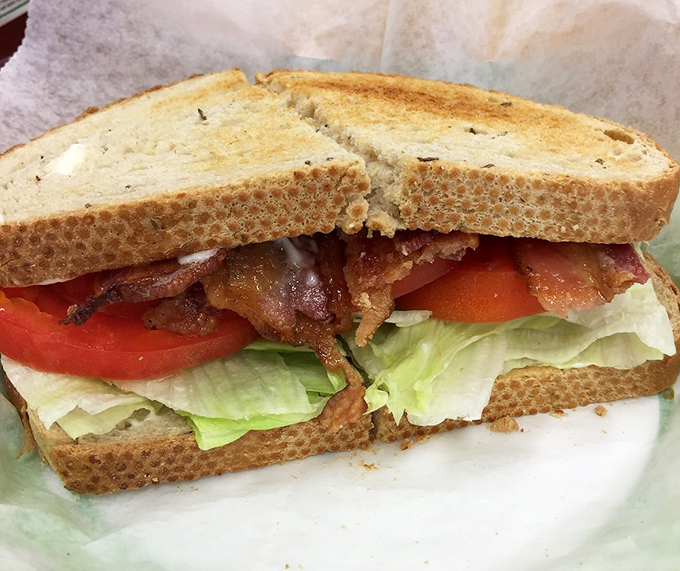 Behold the BLT in all its glory! Perfectly toasted bread, garden-fresh veggies, and bacon that would make even vegetarians question their life choices.