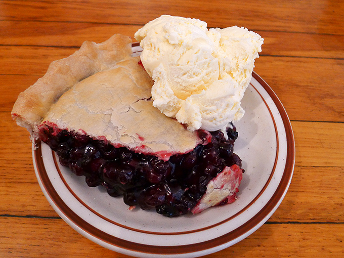 This isn't just blueberry pie; it's summer captured in a perfect golden crust with ice cream melting into those warm, purple depths. 