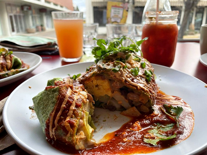 Breakfast architecture at its finest&mdash;layers of flavor stacked into what might be the most photogenic omelet in Southern Oregon, complete with crispy potato cakes. 
