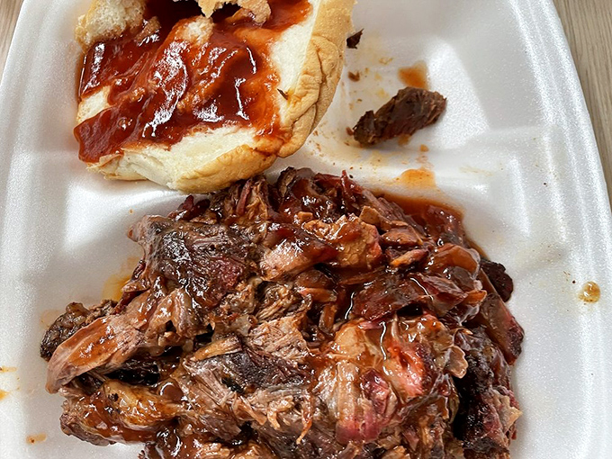 Brisket that doesn't need a fancy plate to impress. Each glistening morsel tells the story of patience, smoke, and a pitmaster who knows exactly what they're doing.