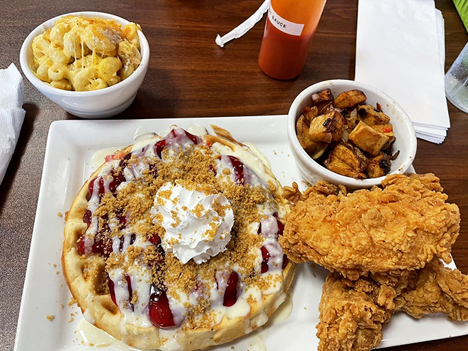 Dessert masquerading as breakfast? The cherry cheesecake waffle doesn't just blur lines&mdash;it erases them with whipped cream and graham cracker crumbles. 