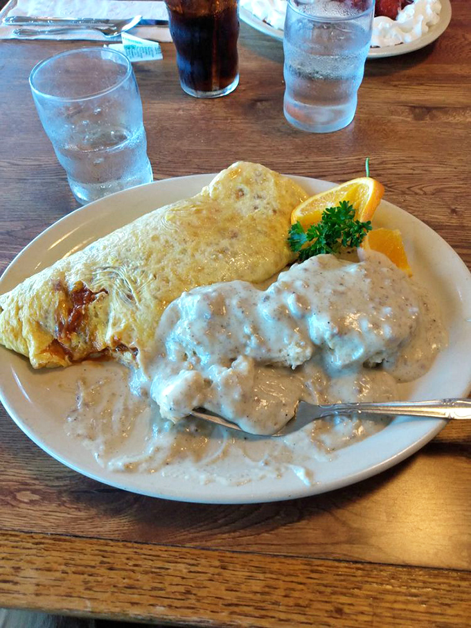 This chili omelet with biscuits and gravy isn't just breakfast&mdash;it's an edible hug that might require a post-meal nap. 