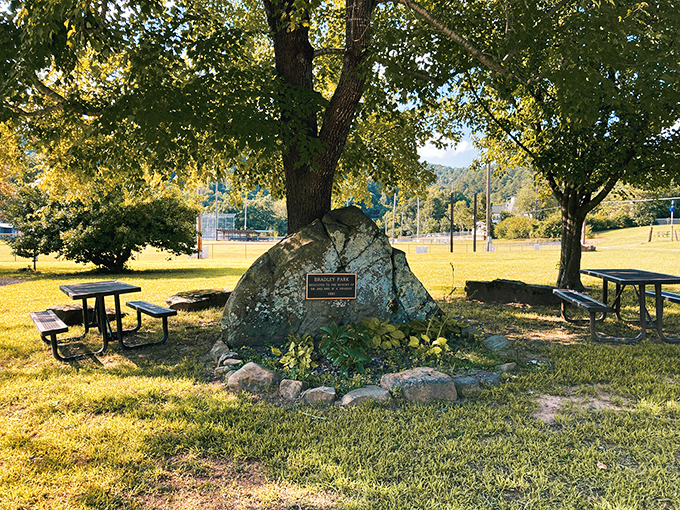 A memorial stone rests peacefully in Jasper's city park, reminding visitors that even the smallest towns have stories etched in stone.