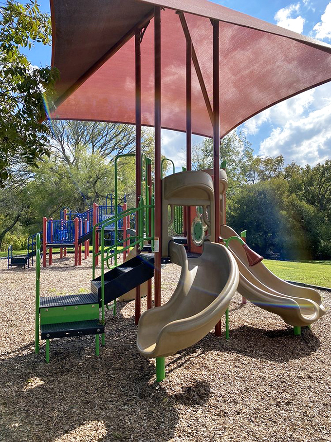 Even the playground equipment in Lockhart gets shade—much like the retirees who wisely retreat under oak trees during Texas summer afternoons.