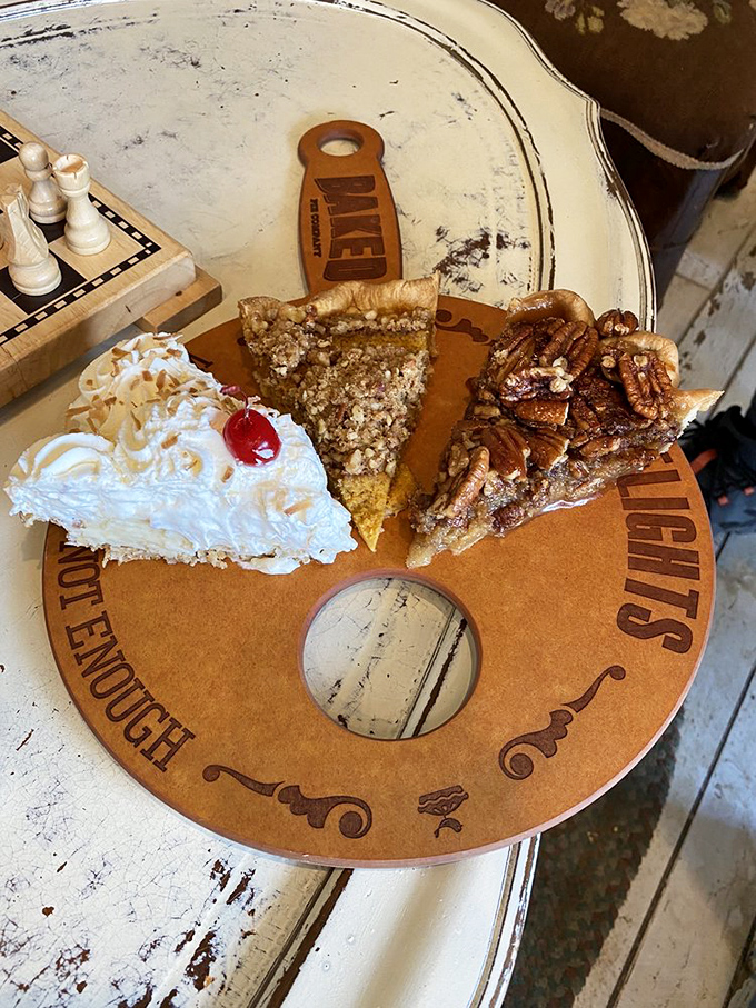 The holy trinity of pie perfection: coconut cream with sky-high meringue, caramelized sweet potato, and bourbon-kissed pecan that would make your grandma jealous.