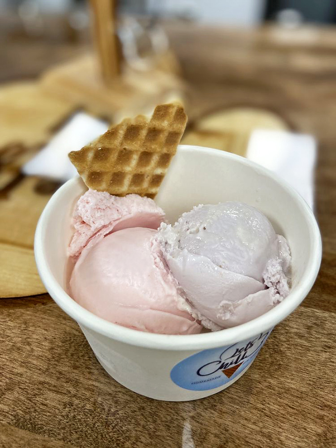 Two scoops of pastel perfection nestled in a paper cup. The waffle garnish isn't just for show&mdash;it's the cherry on top.