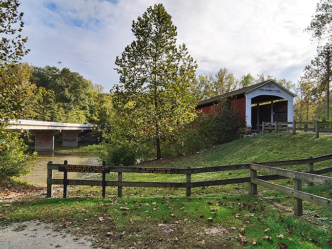 This charming covered bridge near Shades looks like it wandered out of a Norman Rockwell painting. Historic craftsmanship that's survived longer than most Hollywood marriages.