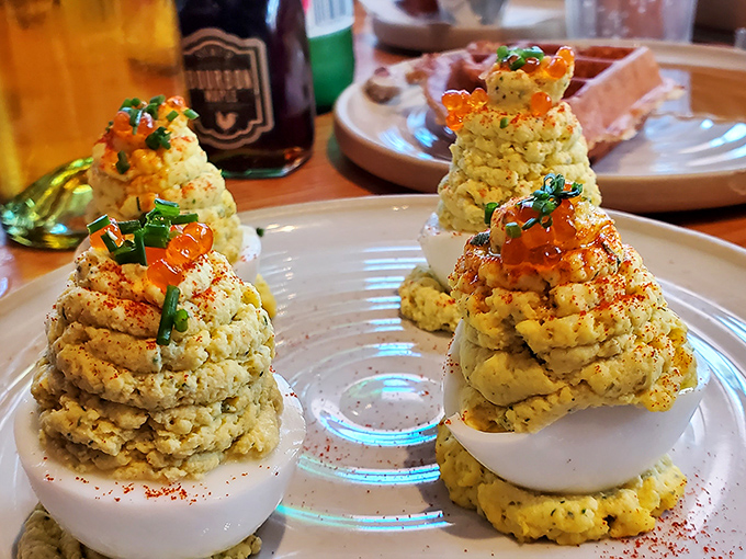 These aren't your aunt's potluck deviled eggs. Towering with creamy filling and topped with vibrant roe, they're dressed for a night out in Miami.