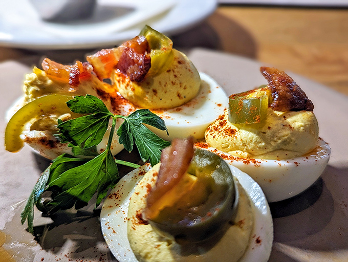 These aren't your aunt's potluck deviled eggs. Topped with pickled jalape&ntilde;os and sprinkled with paprika, they're the humble egg elevated to rock star status.