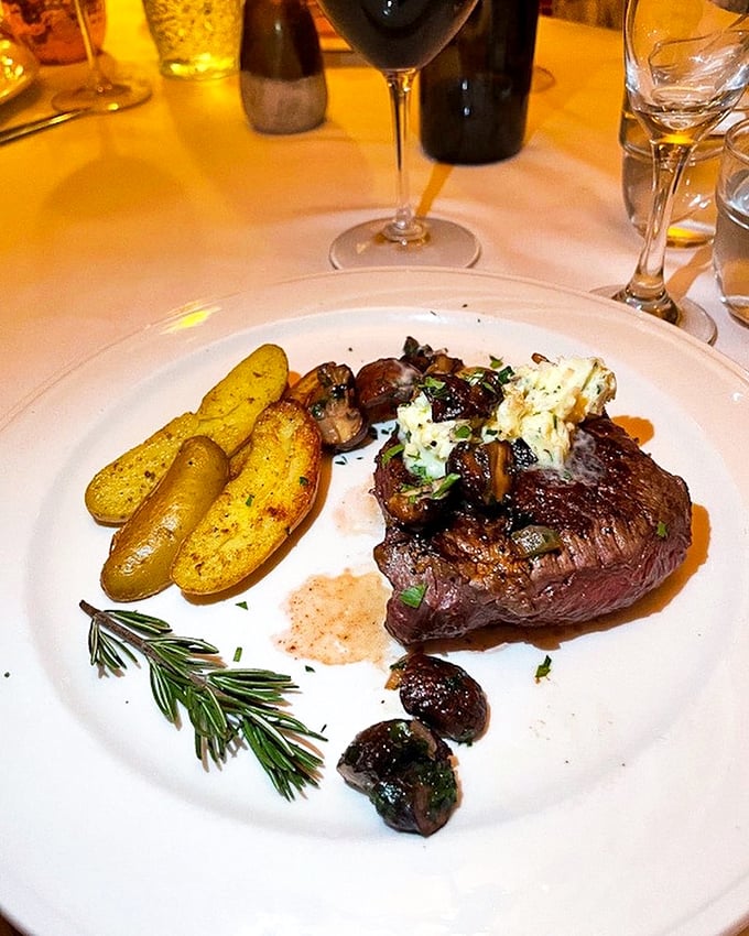 Steak perfection doesn't need fancy words. This filet mignon with roasted fingerling potatoes and saut&eacute;ed mushrooms speaks the universal language of "get in my belly."