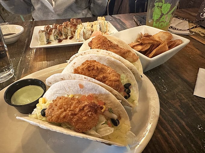 These aren't just fish tacos, they're edible love letters to seafood. Crispy golden fillets, fresh toppings, and that special sauce create the ultimate inland ocean experience.