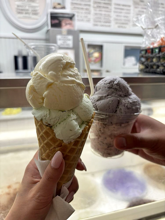 Two scoops passing each other is the ice cream equivalent of ships in the night—except here, they're destined to meet in dairy harmony.