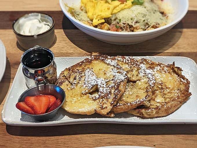 Golden-brown French toast that's achieved celebrity status in my dreams. Dusted with powdered sugar and served with fresh strawberries&mdash;breakfast nirvana exists.