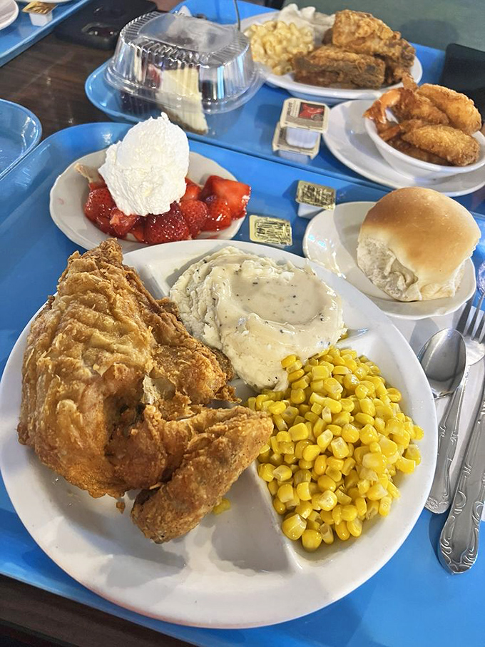 Golden-brown fried chicken alongside creamy mashed potatoes and sunny corn&mdash;the holy trinity of comfort food. Resistance is both futile and foolish.