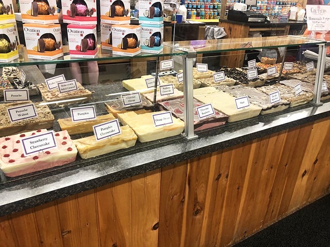 The fudge counter&mdash;where diet plans come to surrender. Each perfectly labeled variety is a masterpiece waiting to jump into your shopping bag.