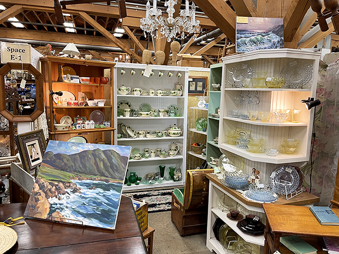 Crystal chandeliers illuminate shelves of Depression glass and china patterns, each piece silently whispering stories of formal dinners and family gatherings long past.