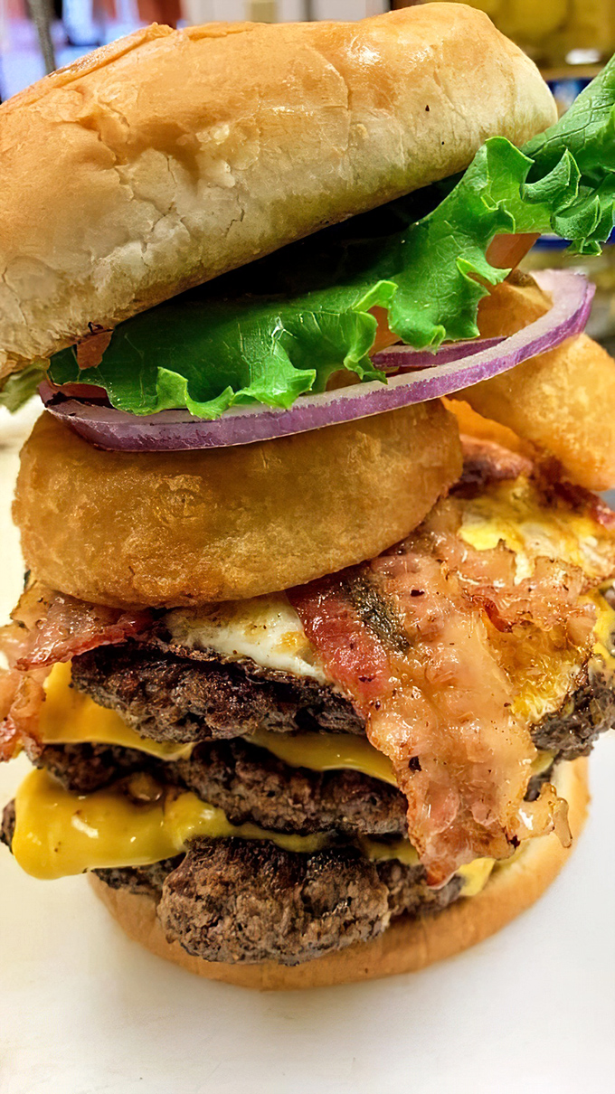 Behold the magnificent Gorilla Burger in all its multi-patty glory! Architecture this impressive usually requires a building permit.