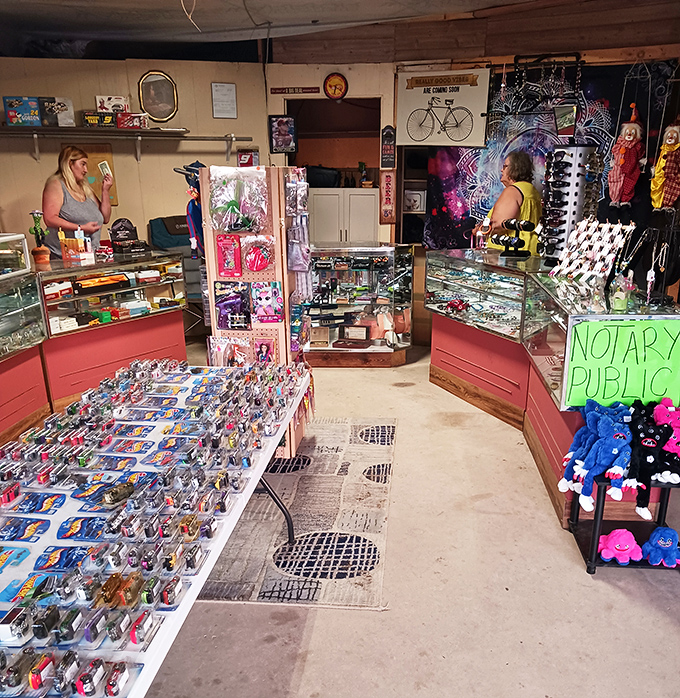 Treasure hunting goes indoors too. This notary public booth doubles as a collectibles haven, where nostalgia comes with a side of practical services.