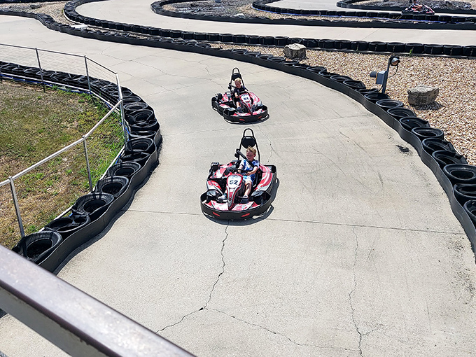 Racers navigate the challenging curves with varying degrees of skill. That inside line is worth fighting for when bragging rights are on the line.