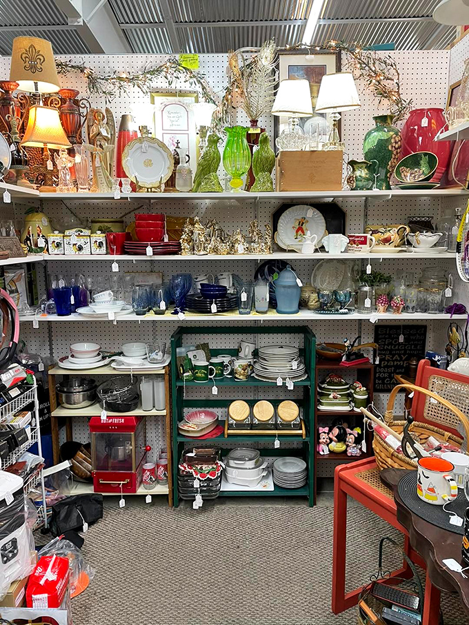 Grandma's kitchen, reimagined! From jade-green glassware to cherry-red appliances, these shelves are a time capsule of American domestic life.