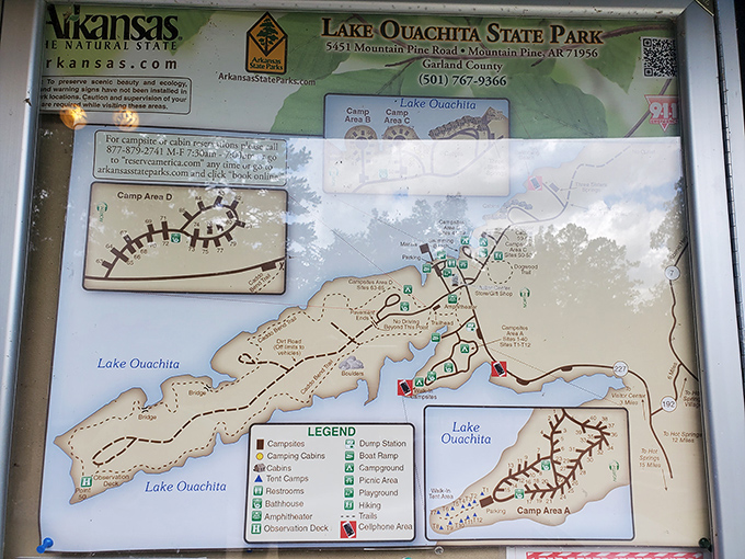 The treasure map to paradise! This weathered guide reveals Lake Ouachita's secrets&mdash;campgrounds, boat ramps, and places to pretend you're still 25.