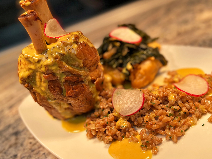 This isn't just lamb&mdash;it's a culinary love letter with farro risotto and seasonal vegetables that would make any Scandinavian grandmother nod in approval.