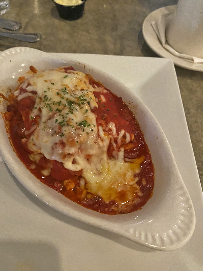 This isn't just lasagna; it's a geological event of cheese, sauce, and pasta that makes you want to plant a tiny flag at the summit.