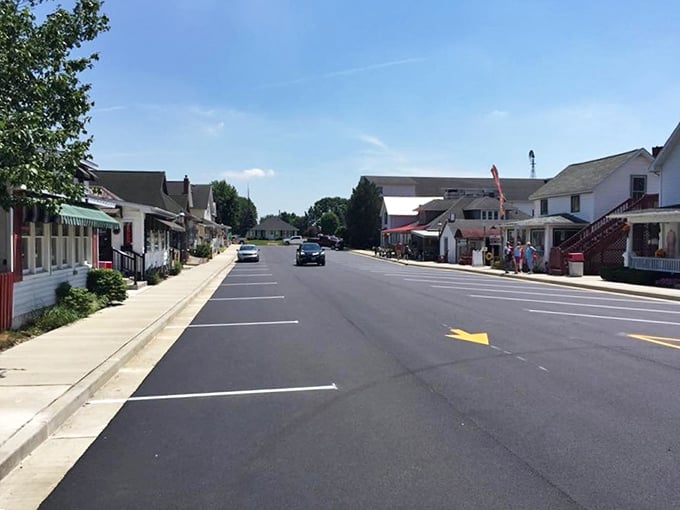 Horse power of a different kind. A buggy passes by well-maintained shops, where modern cars and nineteenth-century transportation coexist in surprising harmony.