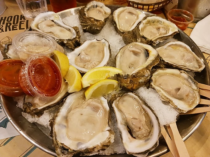 These oysters aren't just served; they're presented on a silver platter like the briny celebrities they are, waiting for their lemon juice spotlight.