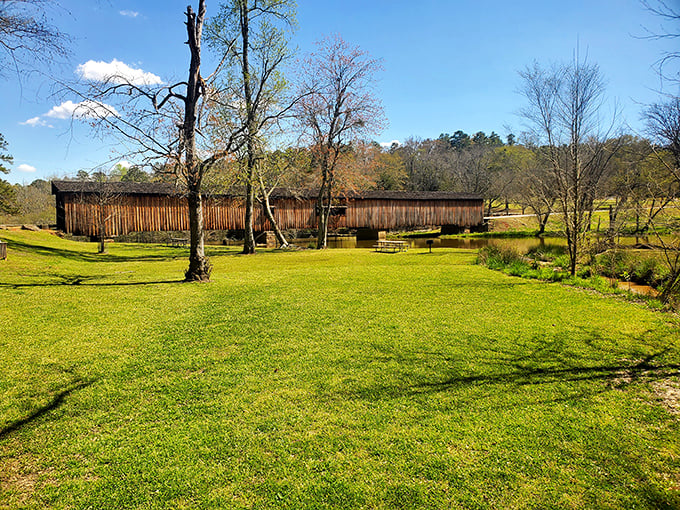 Mother Nature's front lawn stretches before the bridge like a green carpet rolled out for visiting royalty.