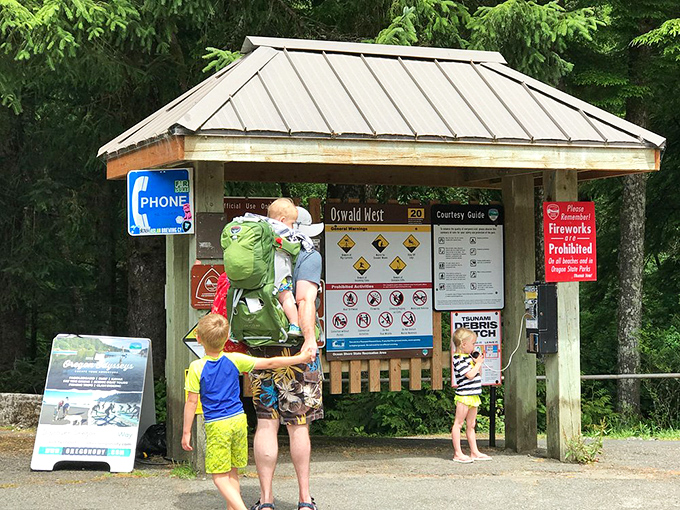 Information kiosk where adventure begins. Parents with little explorers gather to plan their Oswald West State Park expedition. 