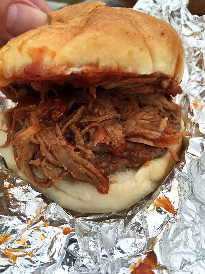 This pulled pork sandwich isn't just a meal, it's an event. The soft bun barely containing its smoky, succulent cargo is summer's perfect handheld delight.