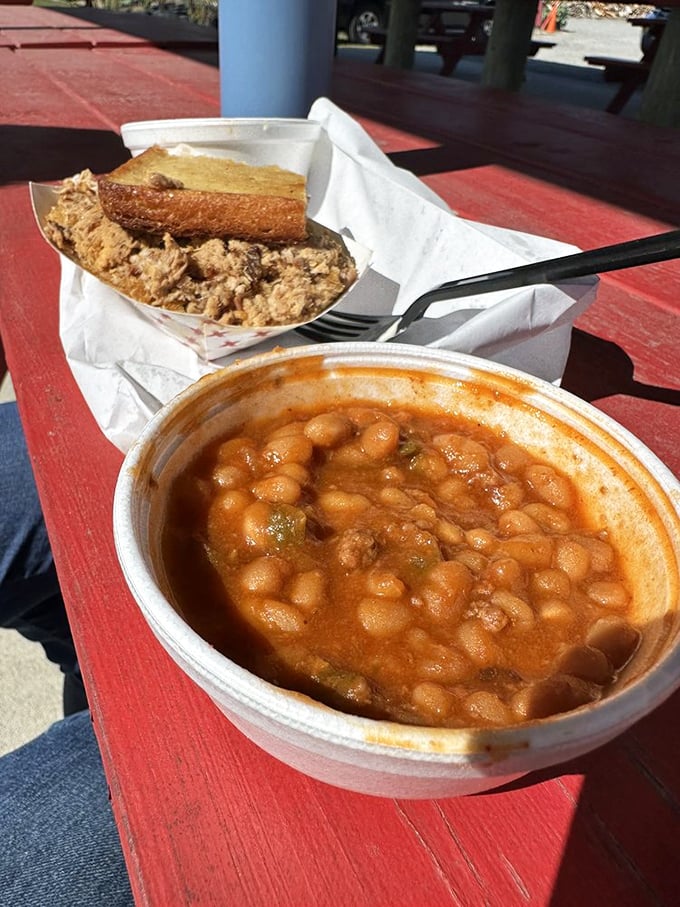 That moment when your fork hovers between smoky pulled pork and saucy baked beans&mdash;life's most delicious dilemma unfolding on a picnic table.