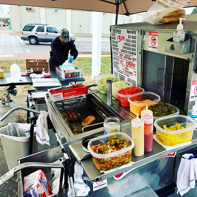 Behind the scenes of hot dog magic. Fresh toppings lined up like soldiers ready for delicious duty&mdash;the mark of people who take simple food seriously.