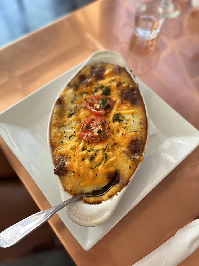 The star of the show: Shepherd's Pie with its golden crown of cheese and those roasted tomatoes adding a touch of brightness.