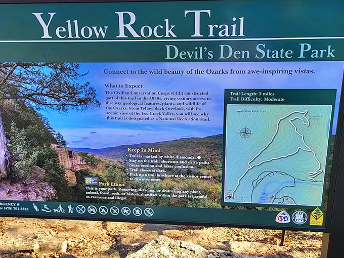 The Yellow Rock Trail sign doesn't just mark a path&mdash;it's your invitation to what locals know is one of Arkansas's most spectacular vistas.