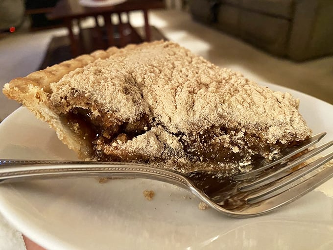 A mountain of whipped cream crowns this slice of molasses heaven. The ratio of topping to pie suggests someone understands life's priorities perfectly. 