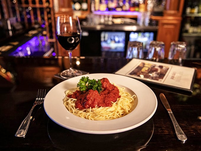 Spaghetti and meatballs: the comfort food equivalent of a warm hug. Those meatballs look like they've been simmering since breakfast, just as nature intended.