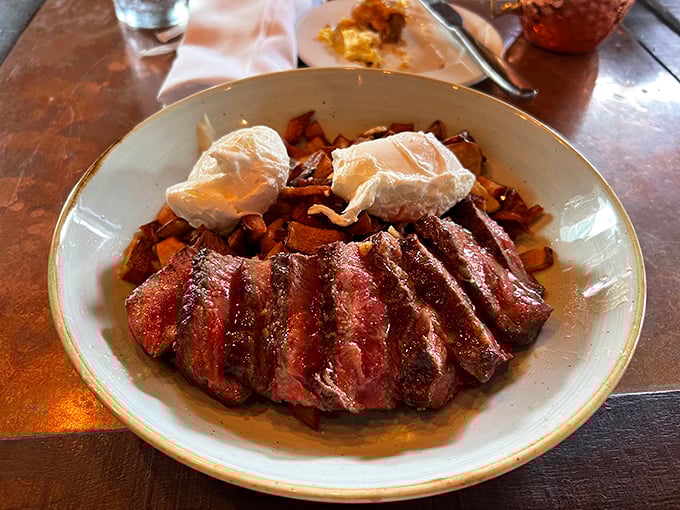 Steak and eggs: the breakfast of champions and anyone who wants to start their day like a champion. Those poached eggs look like fluffy clouds of protein perfection.