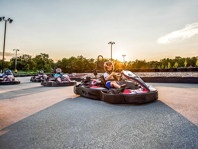 Twilight racing adds a golden glow to the competition. Nothing says "quality family time" like trying to leave your loved ones in the dust.