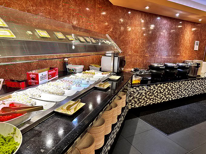 Sushi rolls and savory soups await their destiny. In the buffet Olympics, this station deserves a gold medal for freshness.