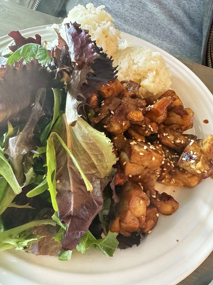 Teriyaki chicken that glistens with that perfect sweet-savory glaze, served with sticky rice and fresh greens. Simplicity that sings on the plate.